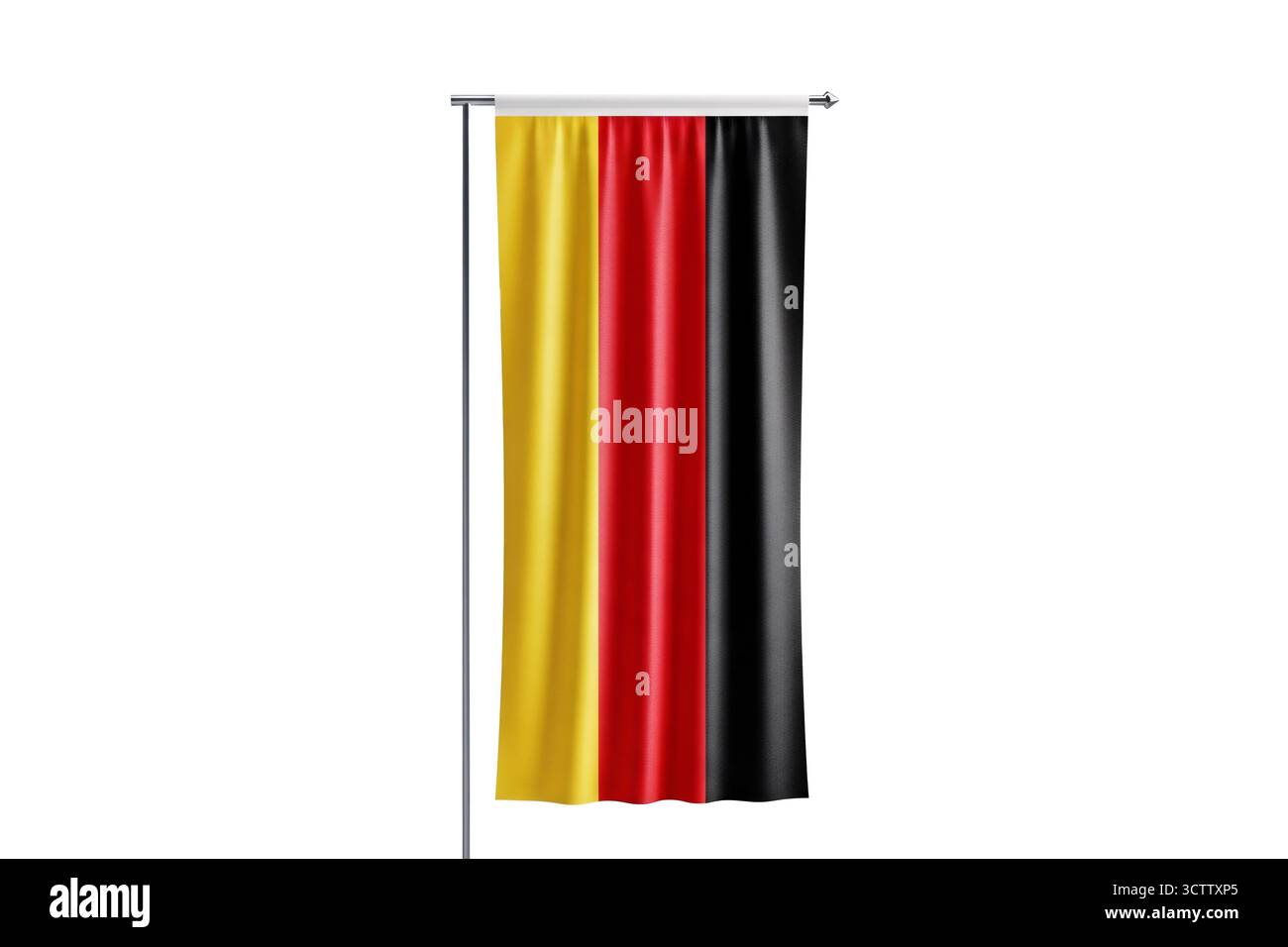 3d rendering of a vertically hanging German national flag on a pole ...