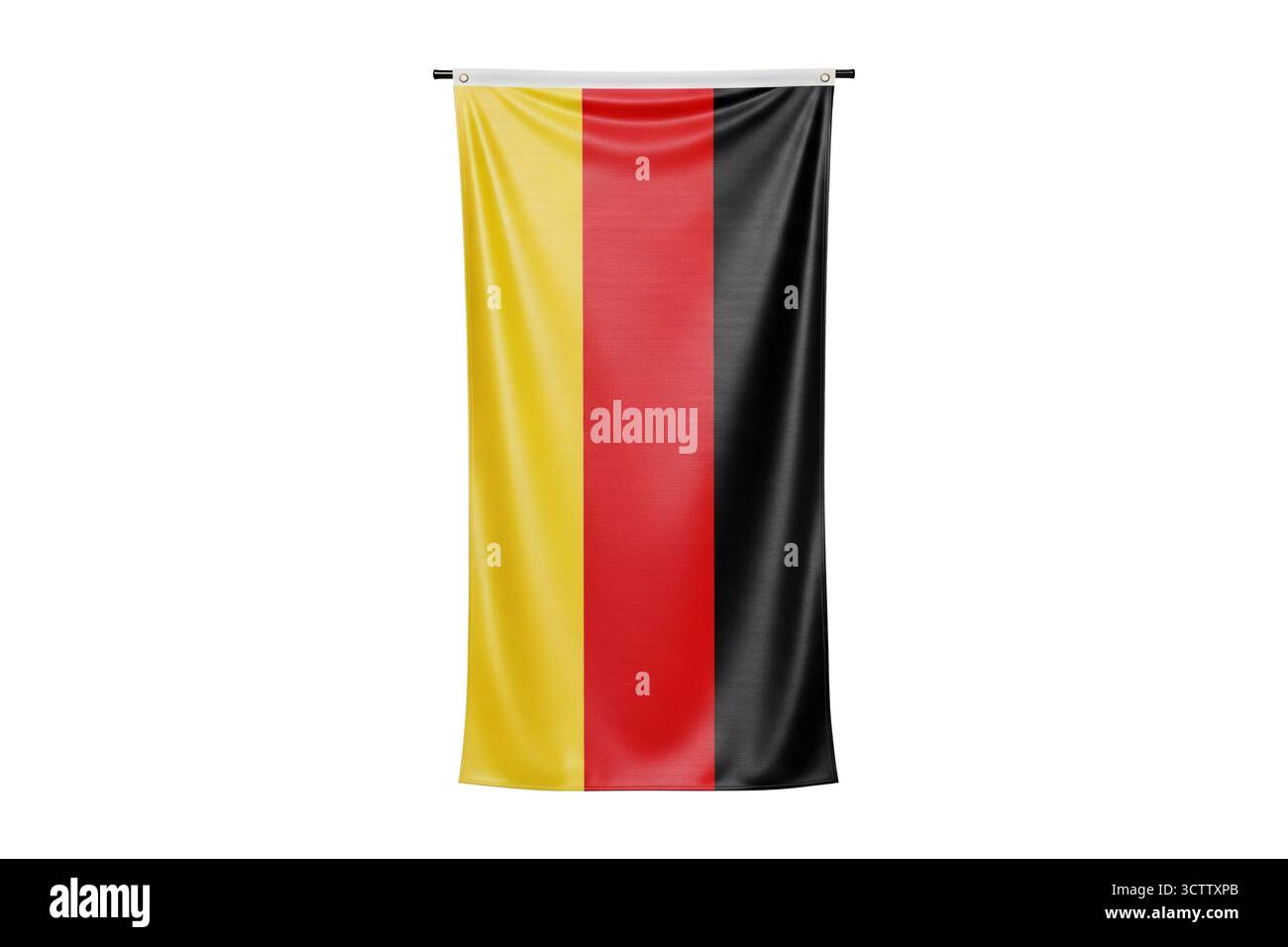 3d rendering of a vertically hanging German national flag on a pole ...