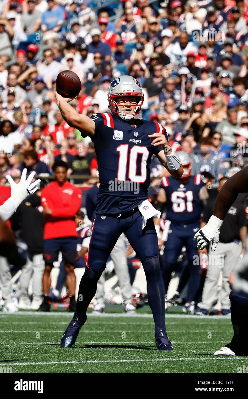 New England Patriots quarterback Drake Maye passes against the Carolina ...