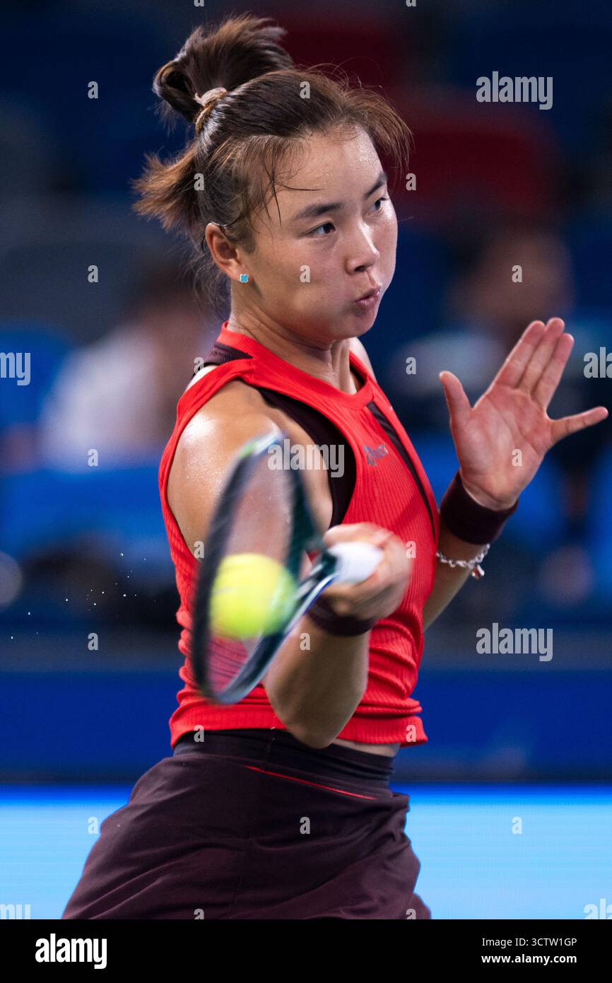 Wuhan, China's Hubei Province. 8th Oct, 2025. Yuan Yue of China hits a ...