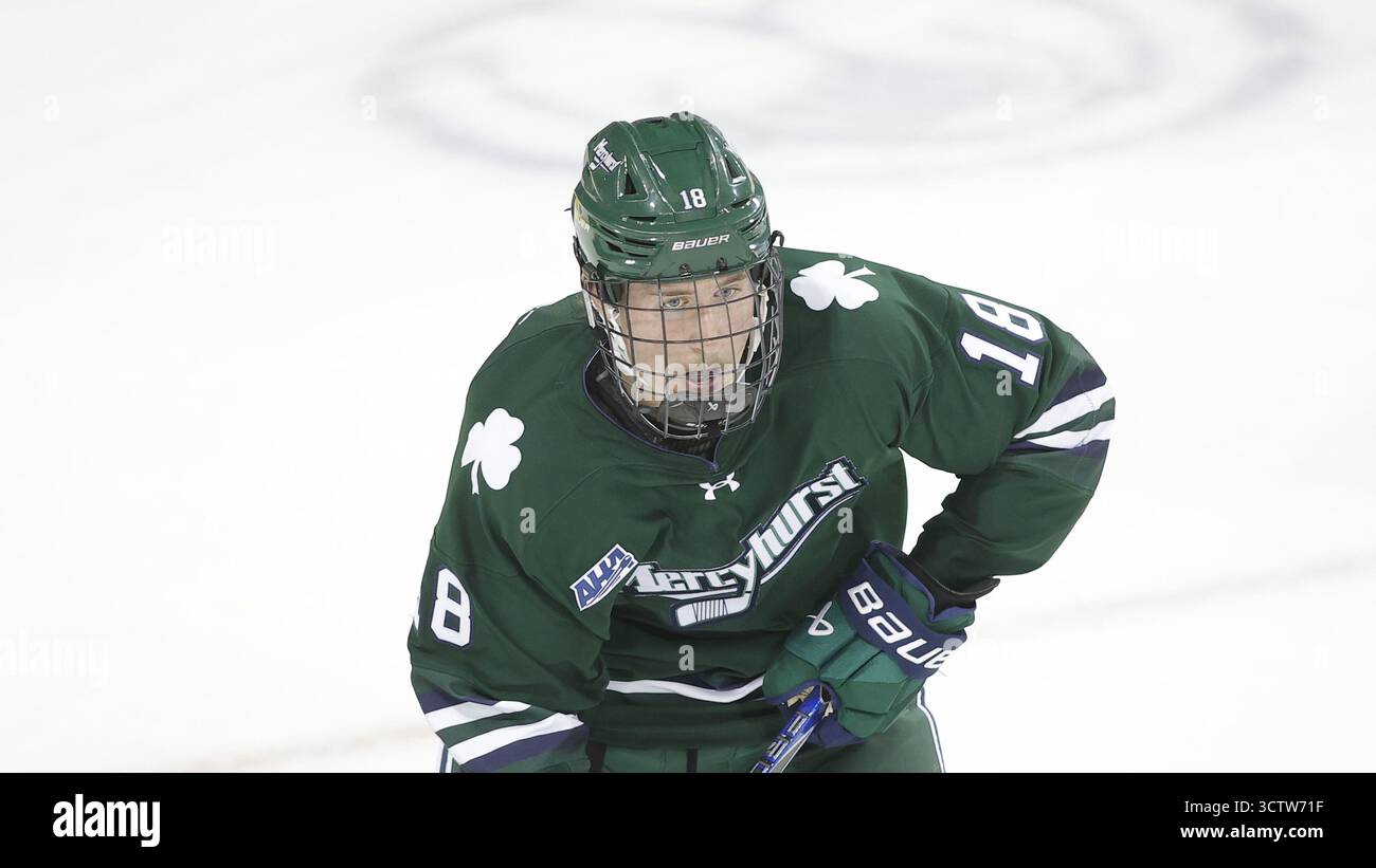 Mercyhurst's Jacob LeBlanc plays during an NCAA hockey game on Saturday ...
