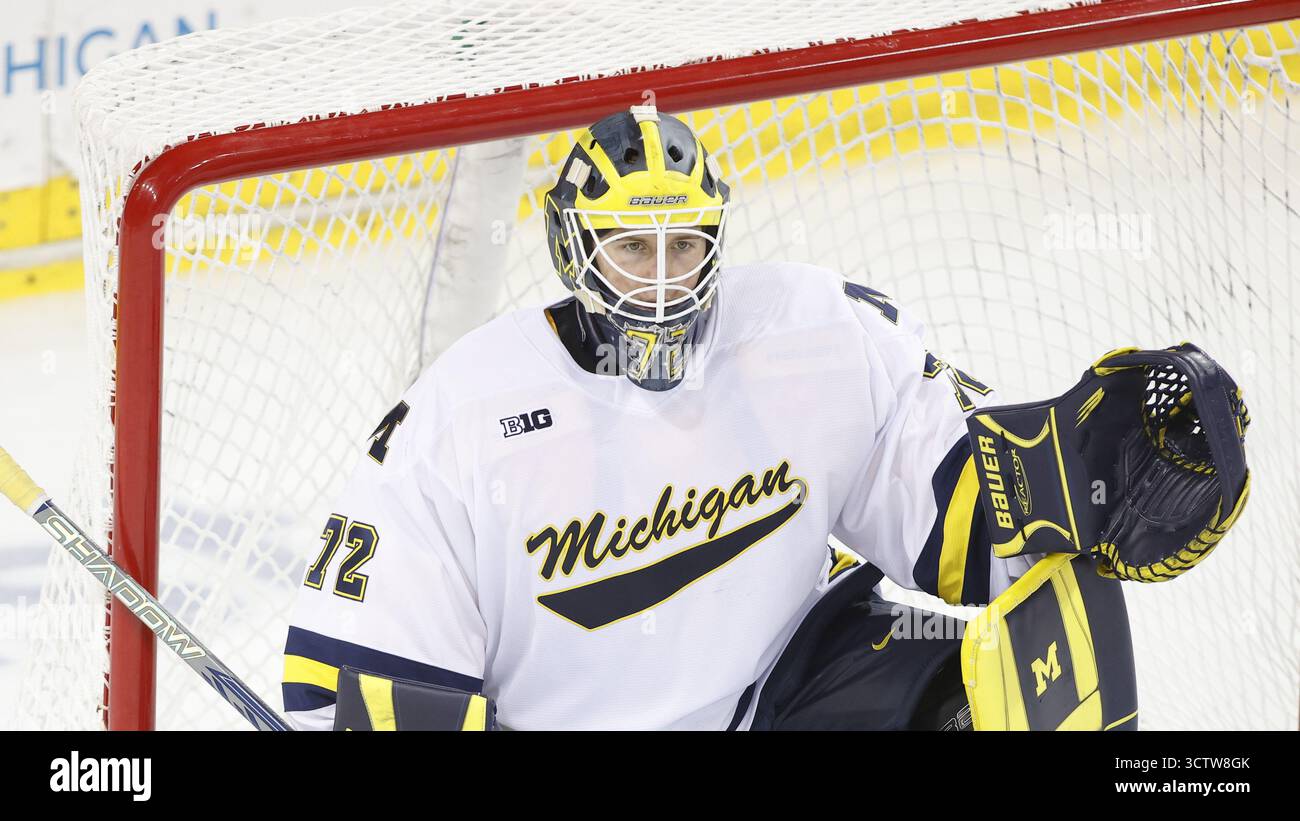 Michigan's Jack Ivankovic plays during an NCAA hockey game on Saturday ...