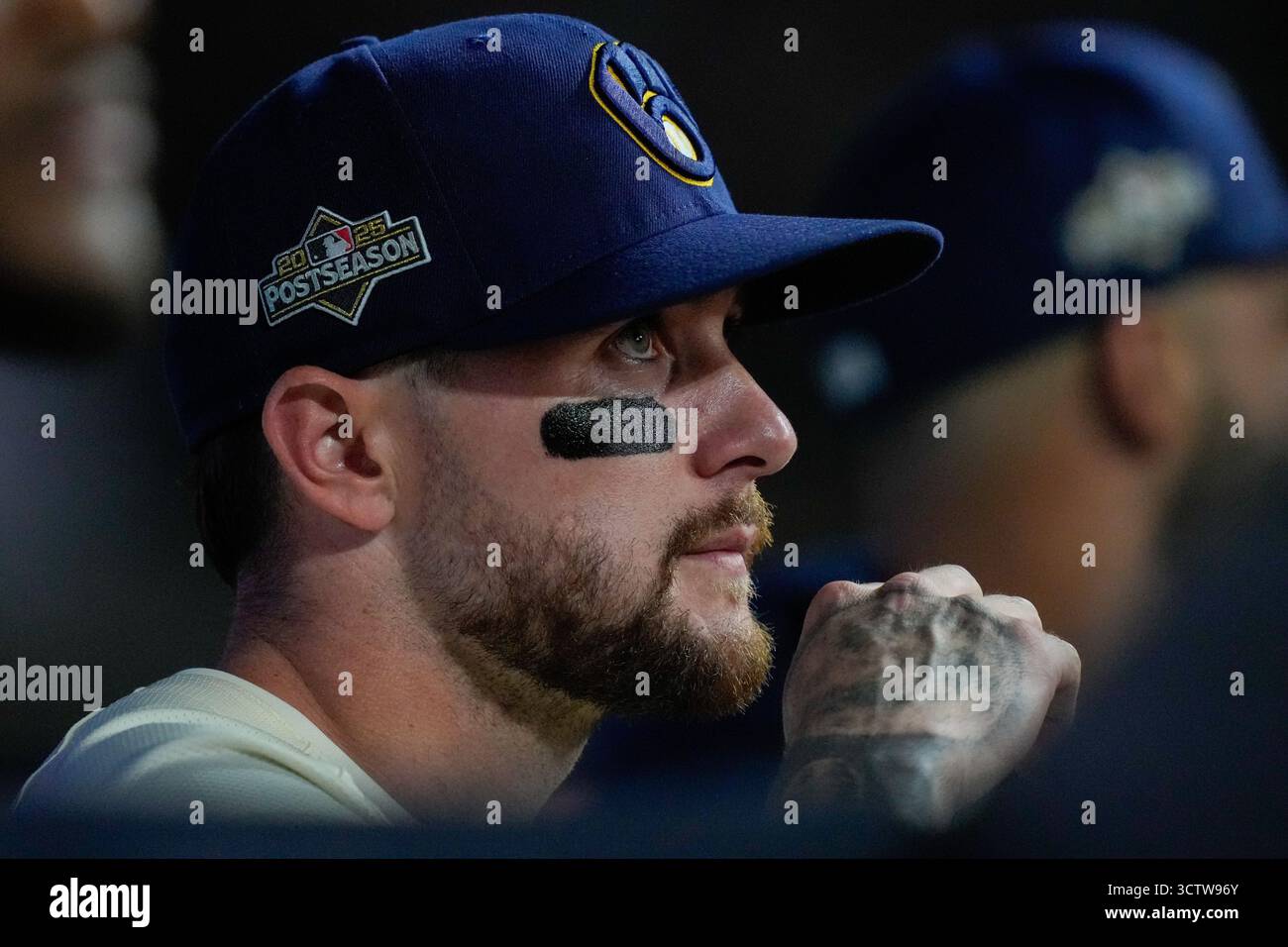 Milwaukee Brewers Brice Turang watches the pregame hype video before ...