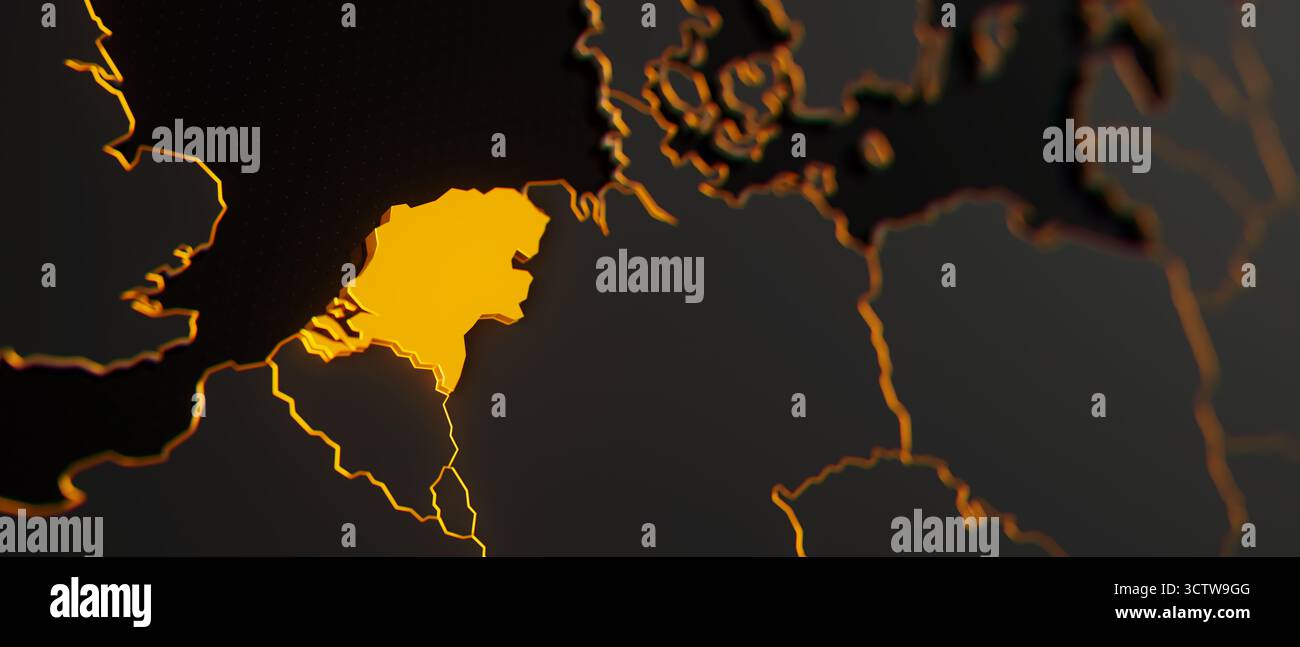 Golden Netherlands 3d map surrounded with other countries in black with ...