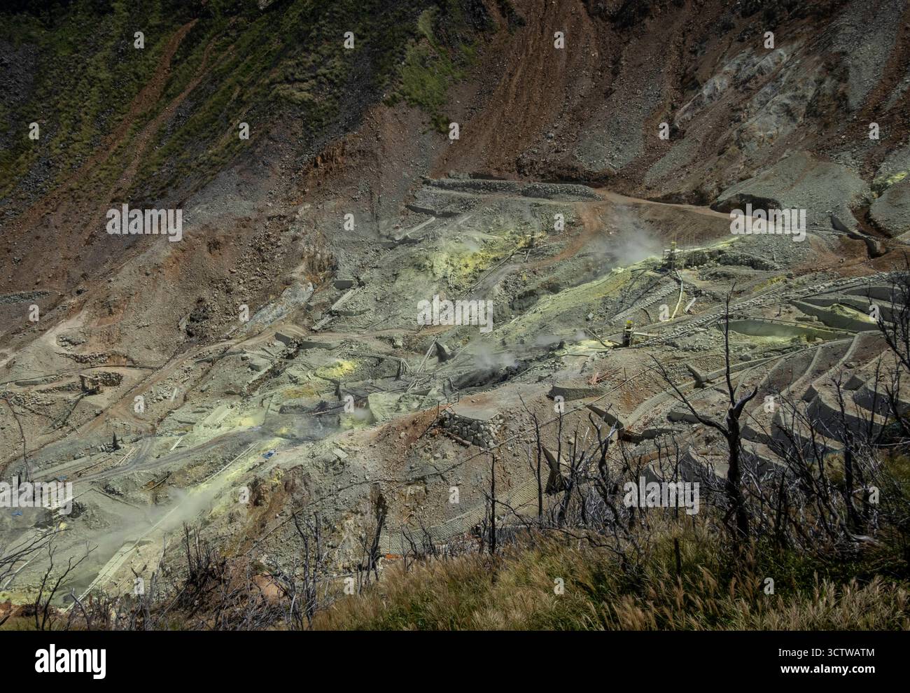 Hakone: Der Geopark Owakudani. - Schwefelhaltige Dämpfe ziehen über das ...