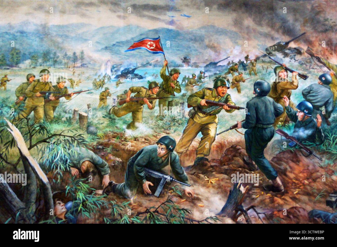 A propaganda painting depicting a battle scene from the Korean War ...