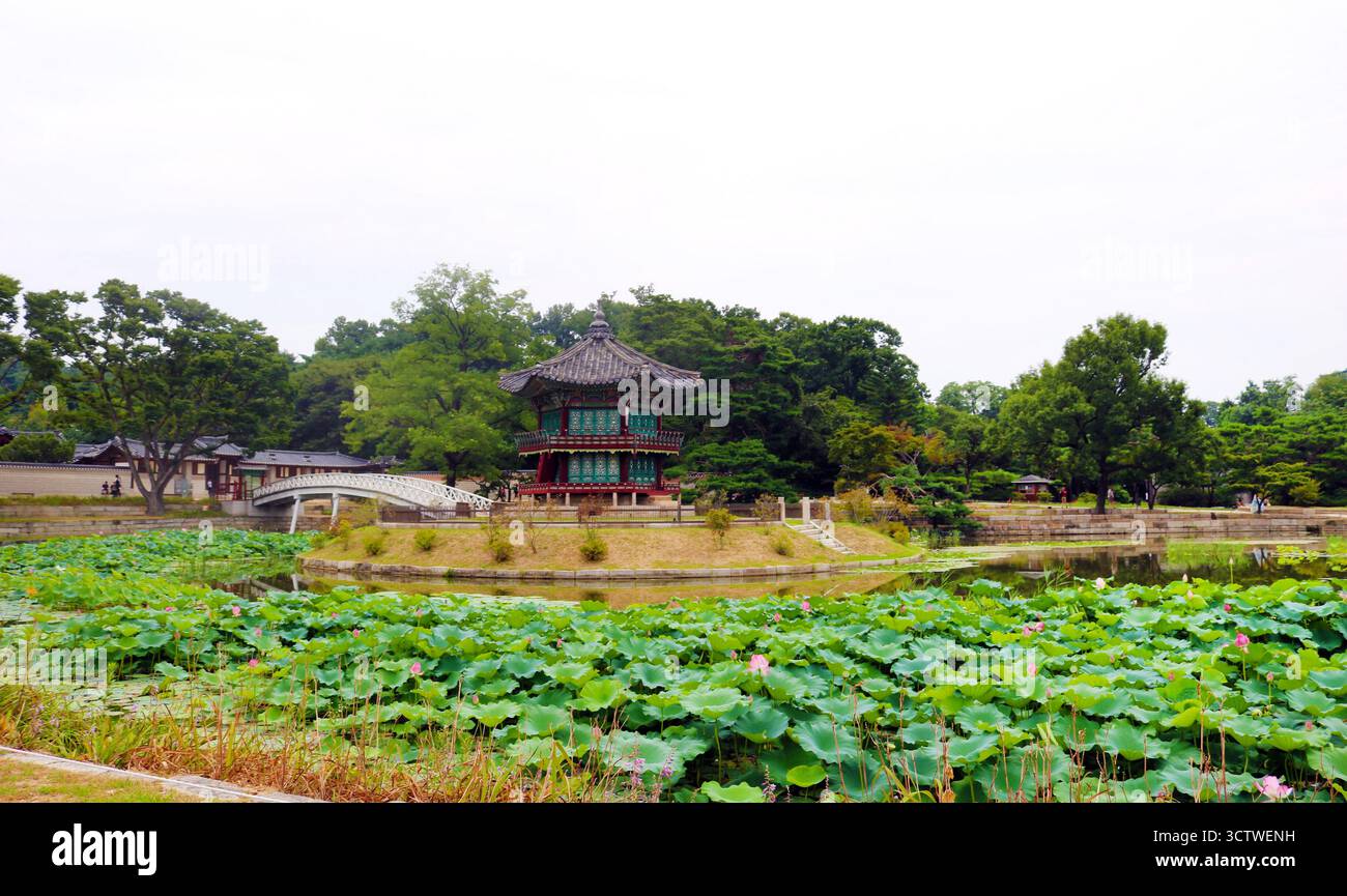 A photograph of the Hyangwonjeong pavilion, a two-storey hexagonal ...