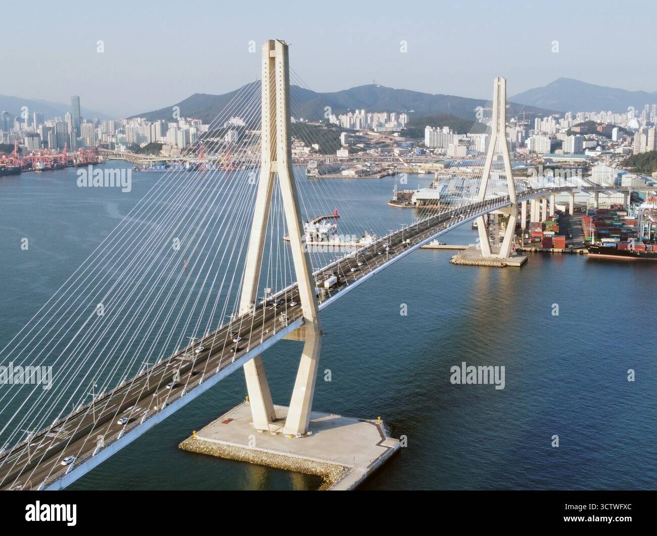 A photograph of the Busan Harbor Bridge (?????, Busan-hang Daegyo) in ...