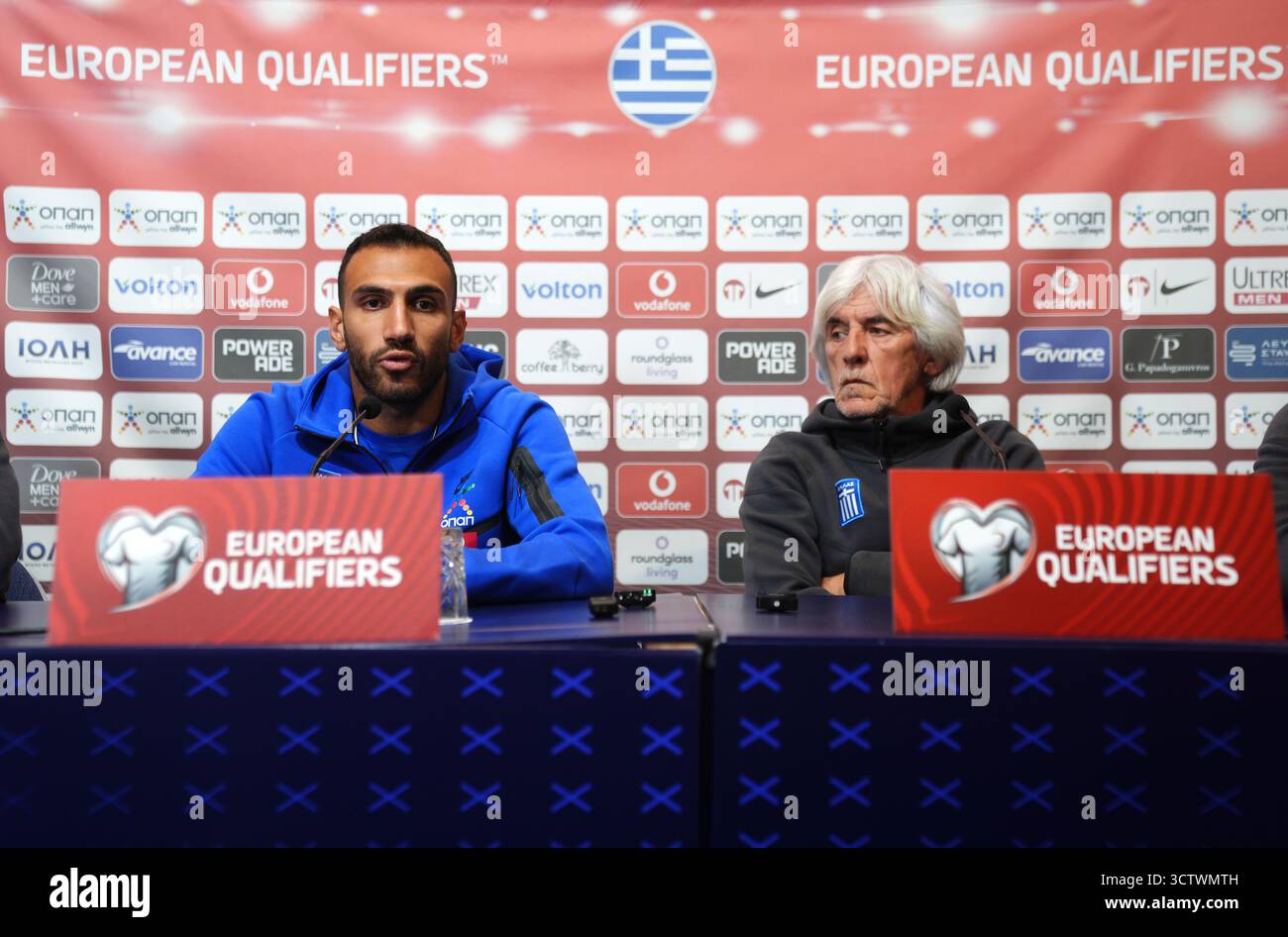 Greece's Vangelis Pavlidis (left) with manager Ivan Jovanovic during a ...