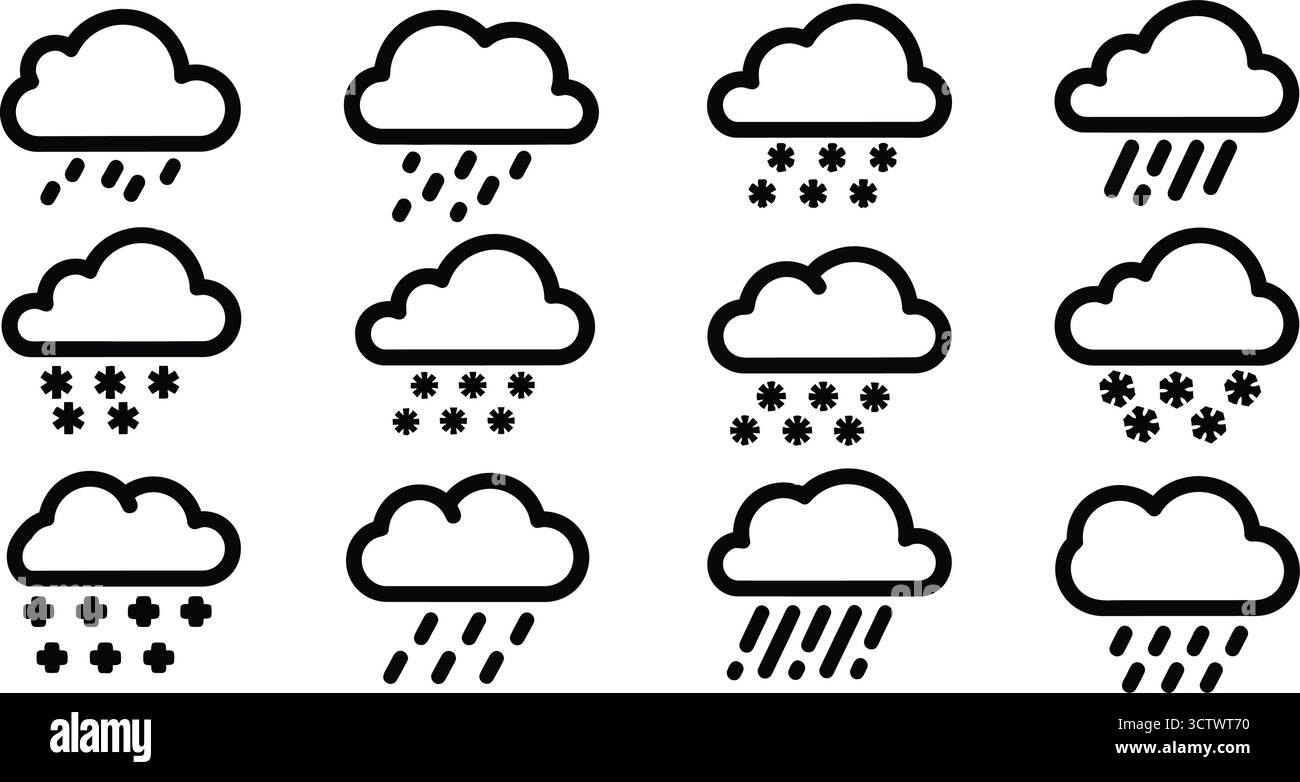Set of weather icons showing clouds with rain, snow, and hail for ...