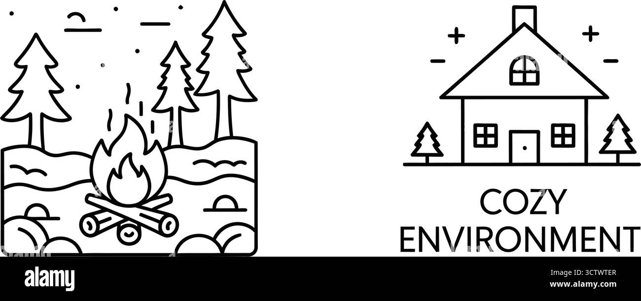 Vector line icons representing a cozy environment, featuring a house ...