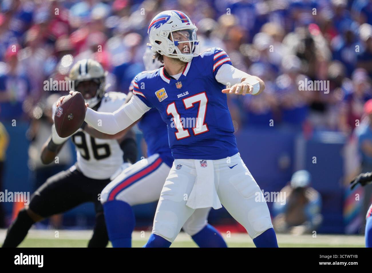 Buffalo Bills quarterback Josh Allen (17) passes against the New Orleans Saints in the first ...