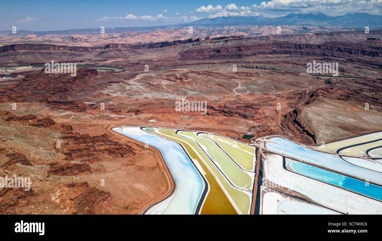 Blue Potash Evaporation Ponds in Moab, Utah - Aerial - stock photo The ...