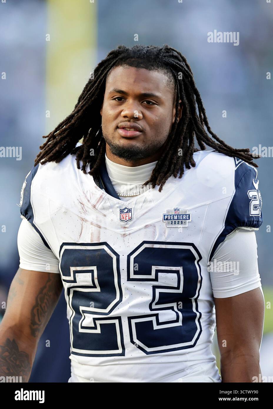 Dallas Cowboys running back Jaydon Blue (23) runs off the field after ...