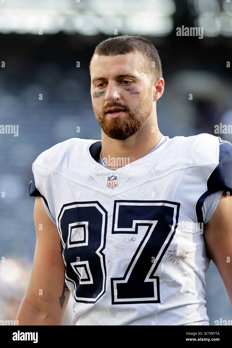 Dallas Cowboys tight end Jake Ferguson (87) runs off the field after an ...
