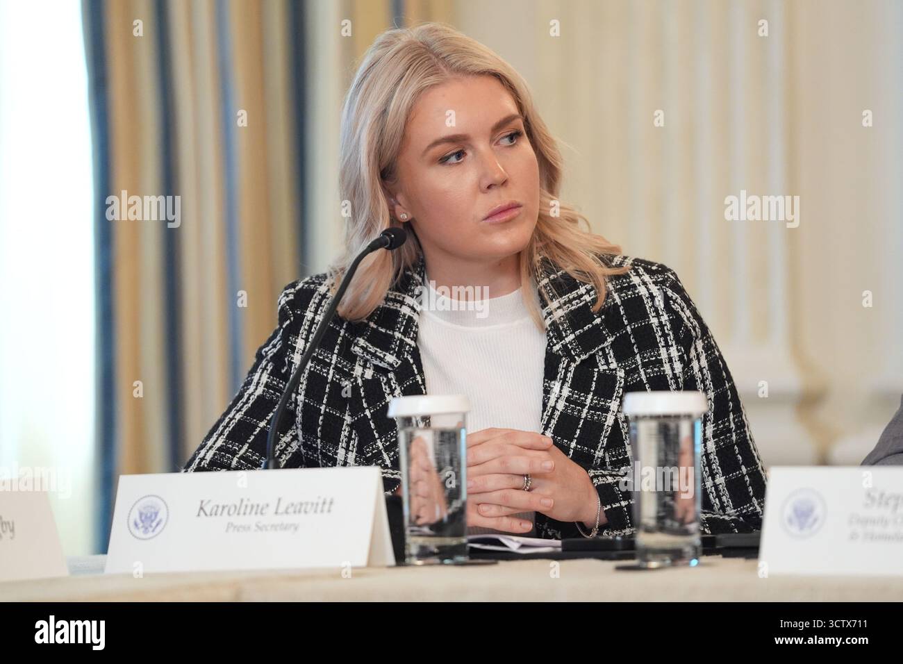 White House press secretary Karoline Leavitt listens as President ...
