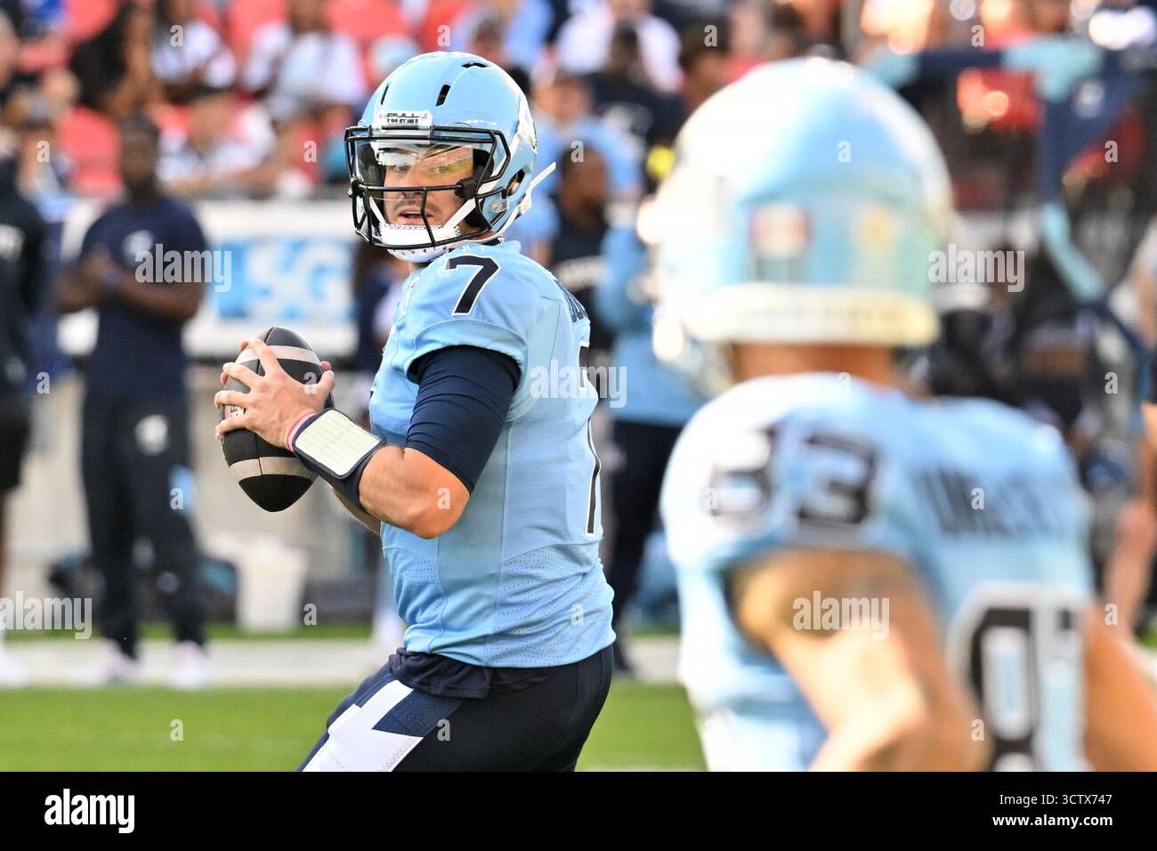 Toronto Argonauts quarterback Jarret Doege (7) looks for a receiver ...