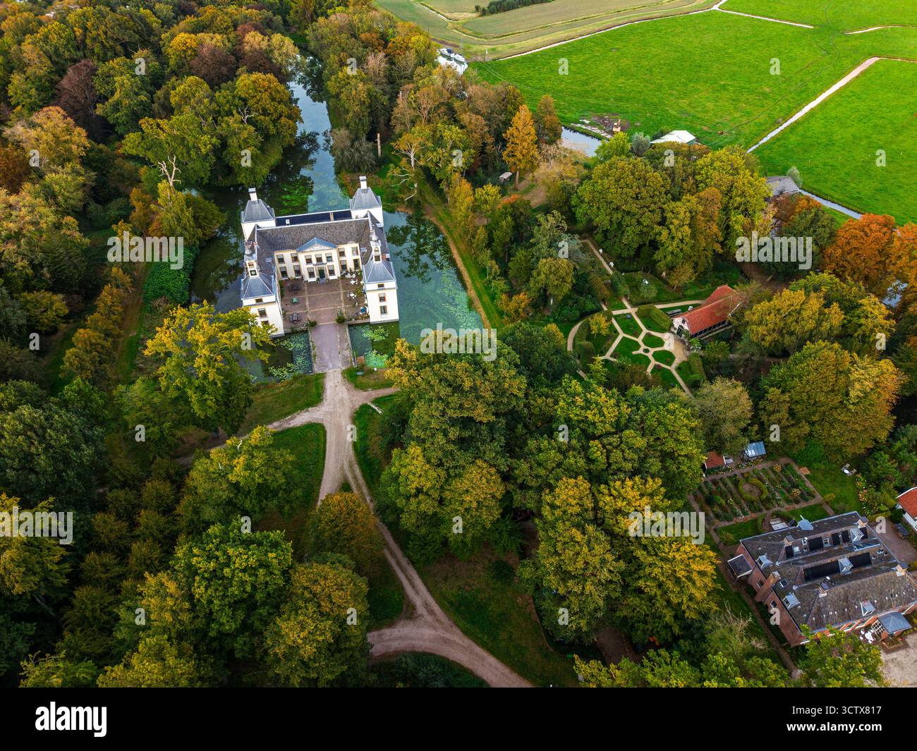 Aerial view of historic castle symmetrical twin towers and central hall ...