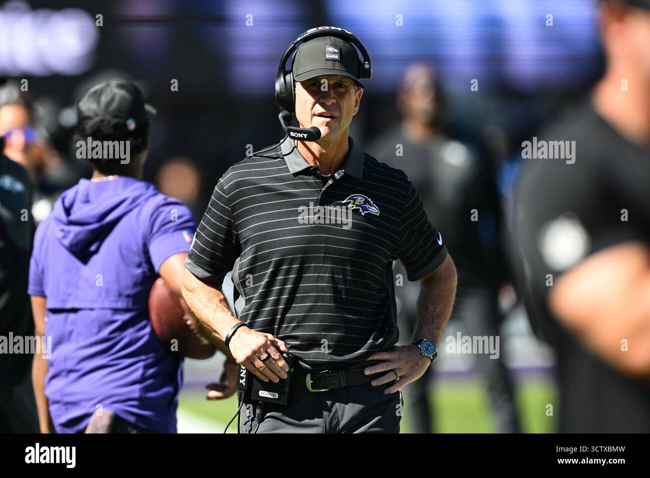 Baltimore Ravens head coach John Harbaugh looks on before an NFL ...