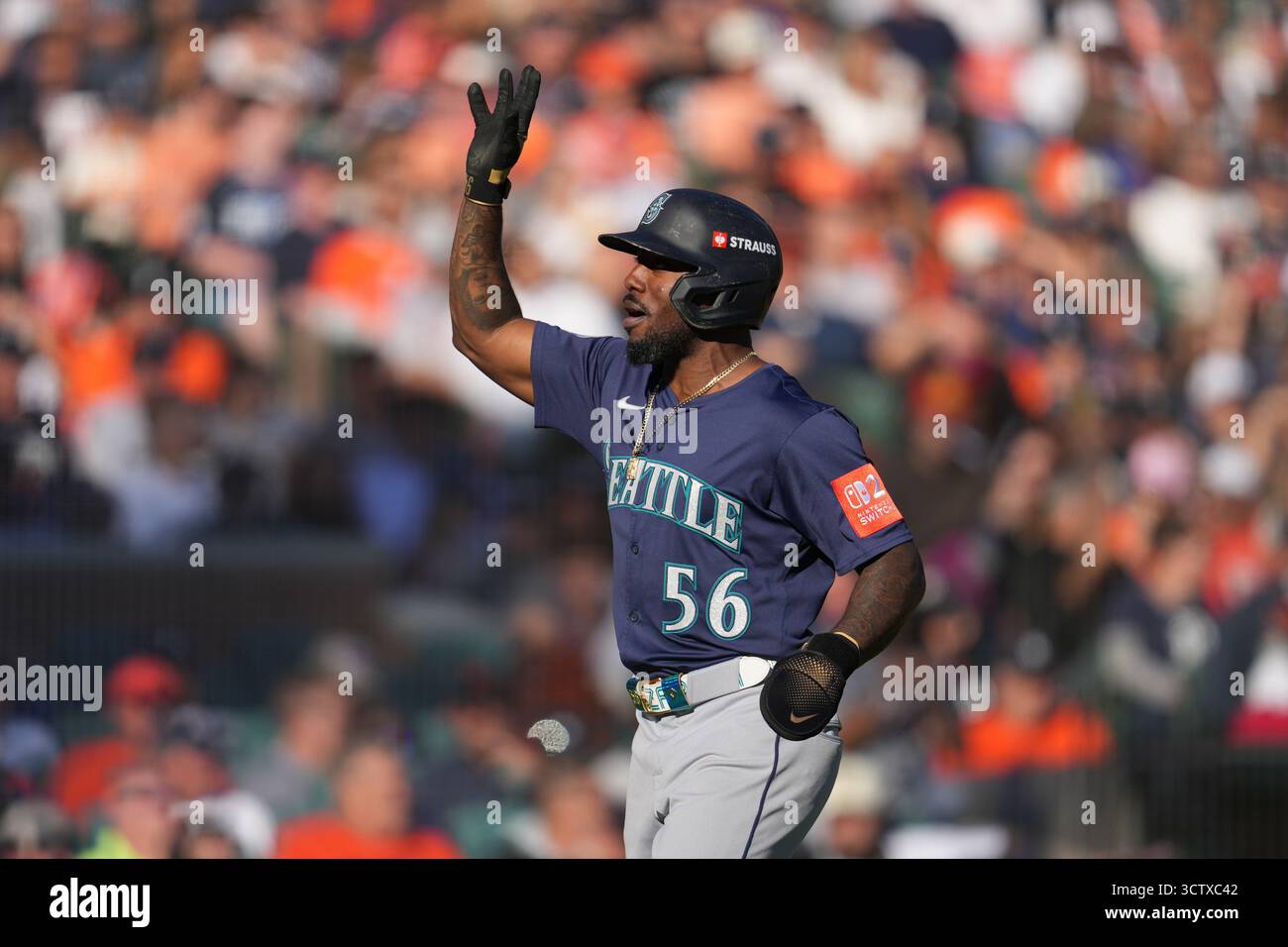 Seattle Mariners' Randy Arozarena celebrates after scoring during the ...