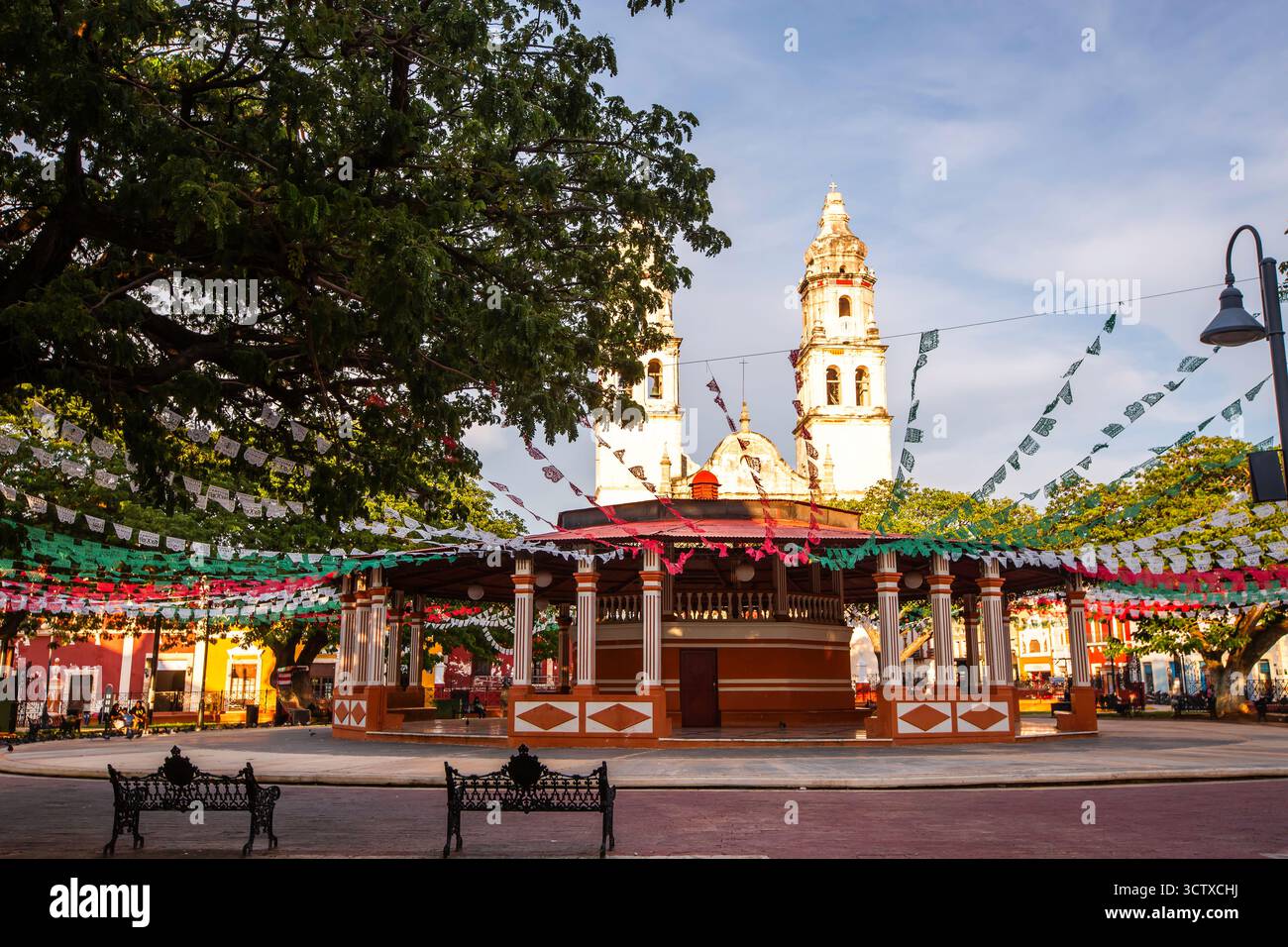 Campeche, Mexico - Plaza with a fountain and a large building with two ...