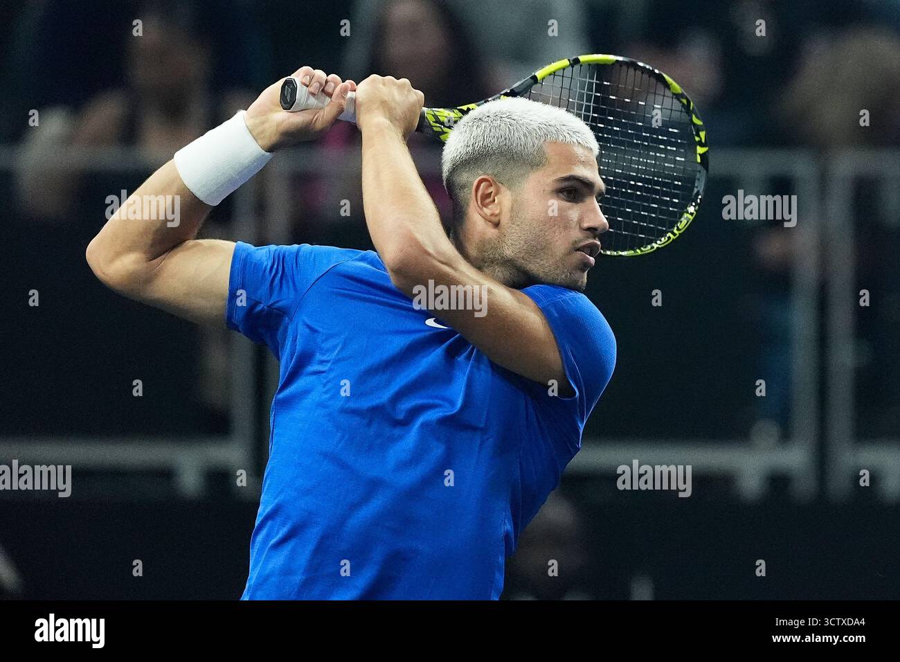 Team Europe's Carlos Alcaraz, of Spain, returns a shot against Team ...