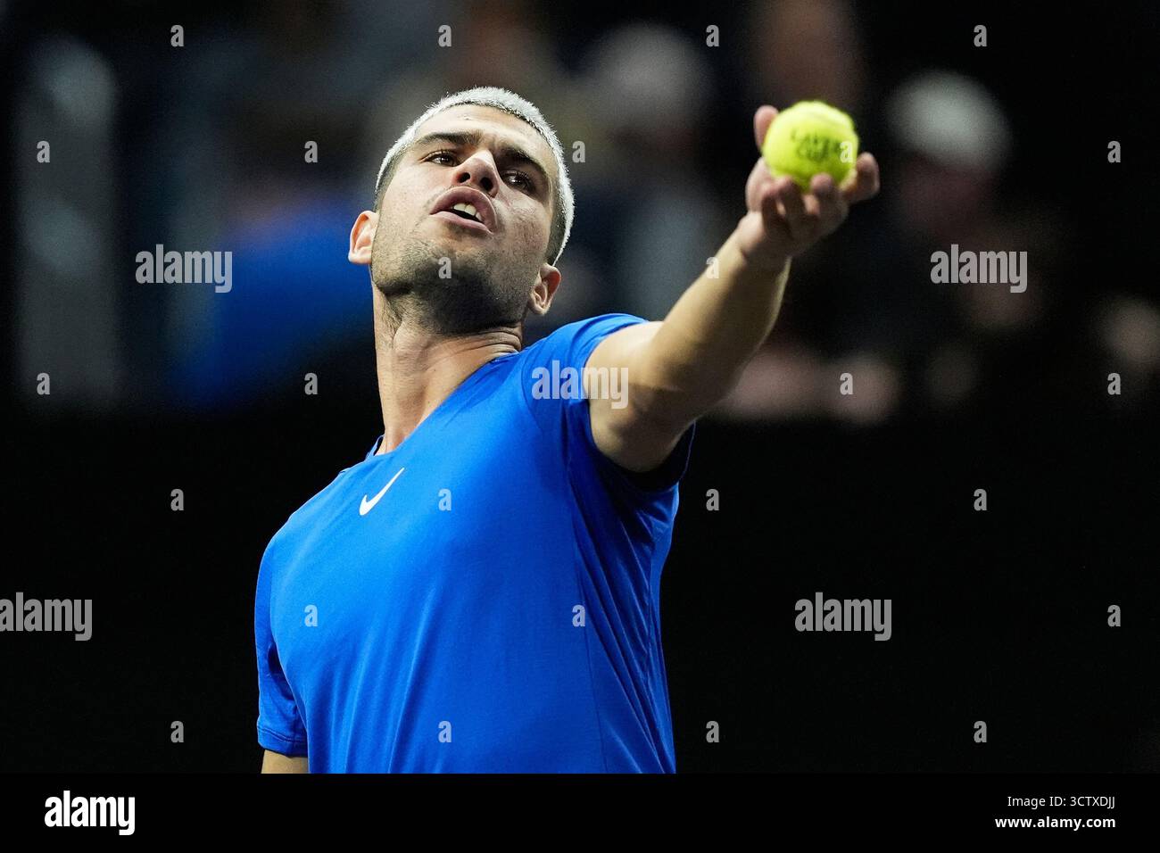 Team Europe's Carlos Alcaraz, of Spain, serves during a doubles match ...
