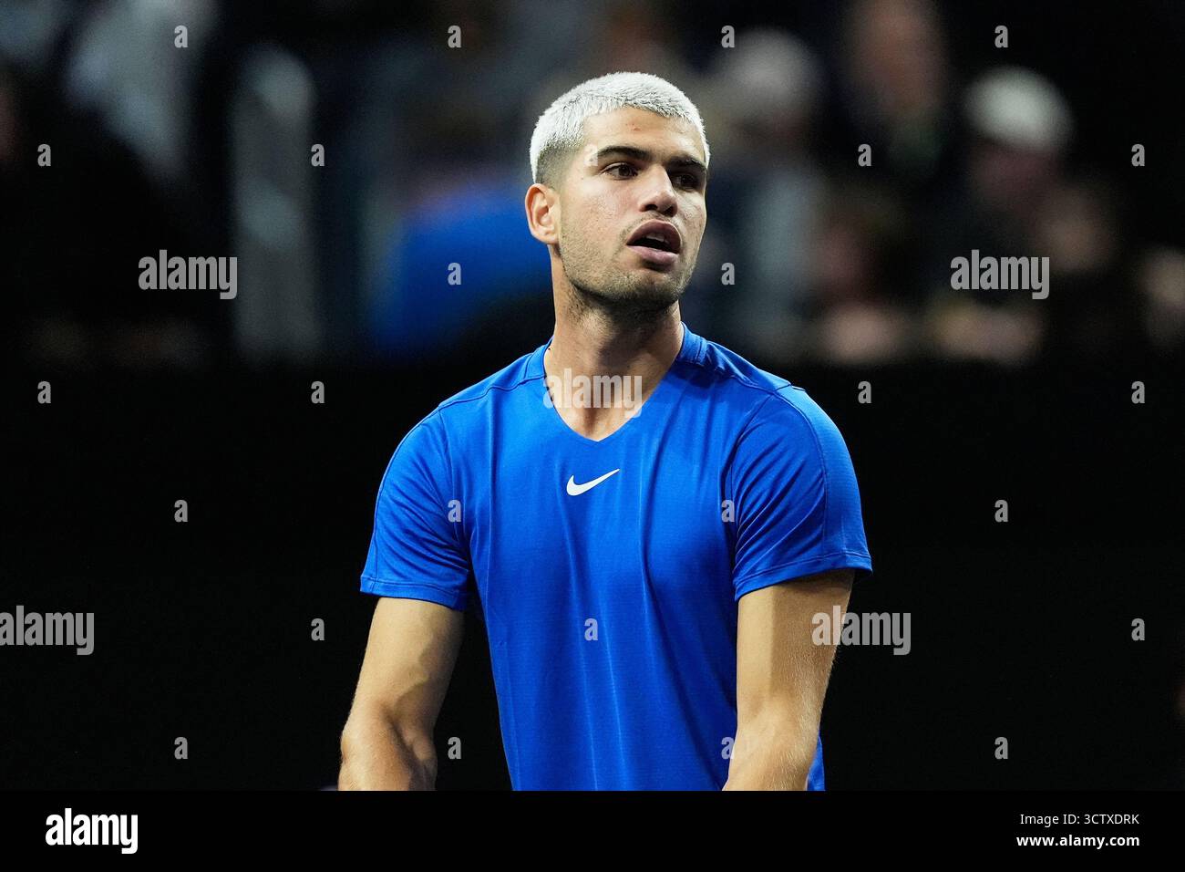 Team Europe's Carlos Alcaraz, of Spain, serves during a doubles match ...