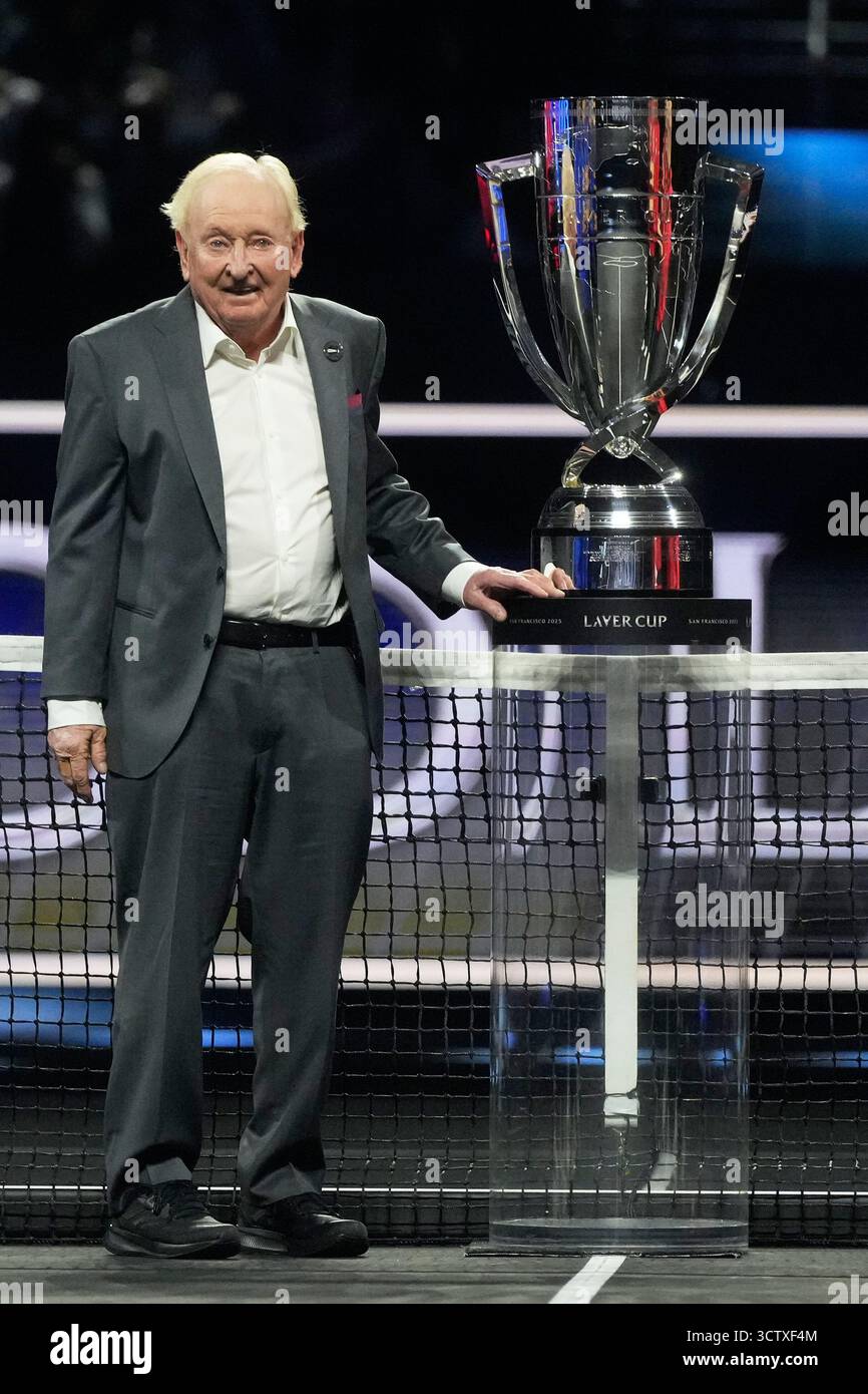 Rod Laver stands on the court during opening ceremonies on the first ...