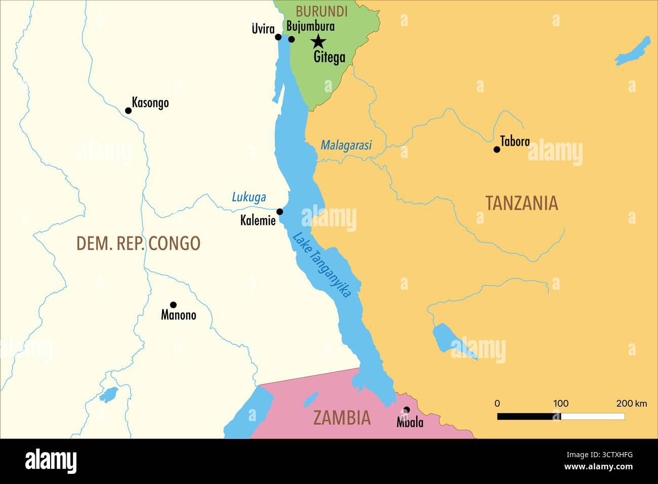 Vector Map of Lake Tanganyika with Surrounding Countries and Major ...