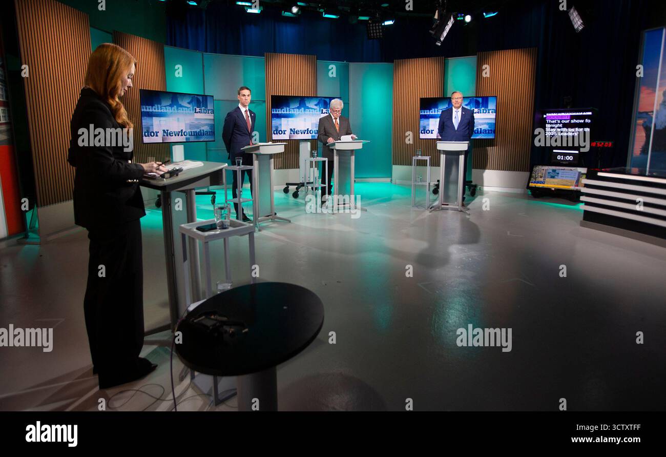 CBC moderator Carolyn Stokes, from left to right, Liberal Leader John ...
