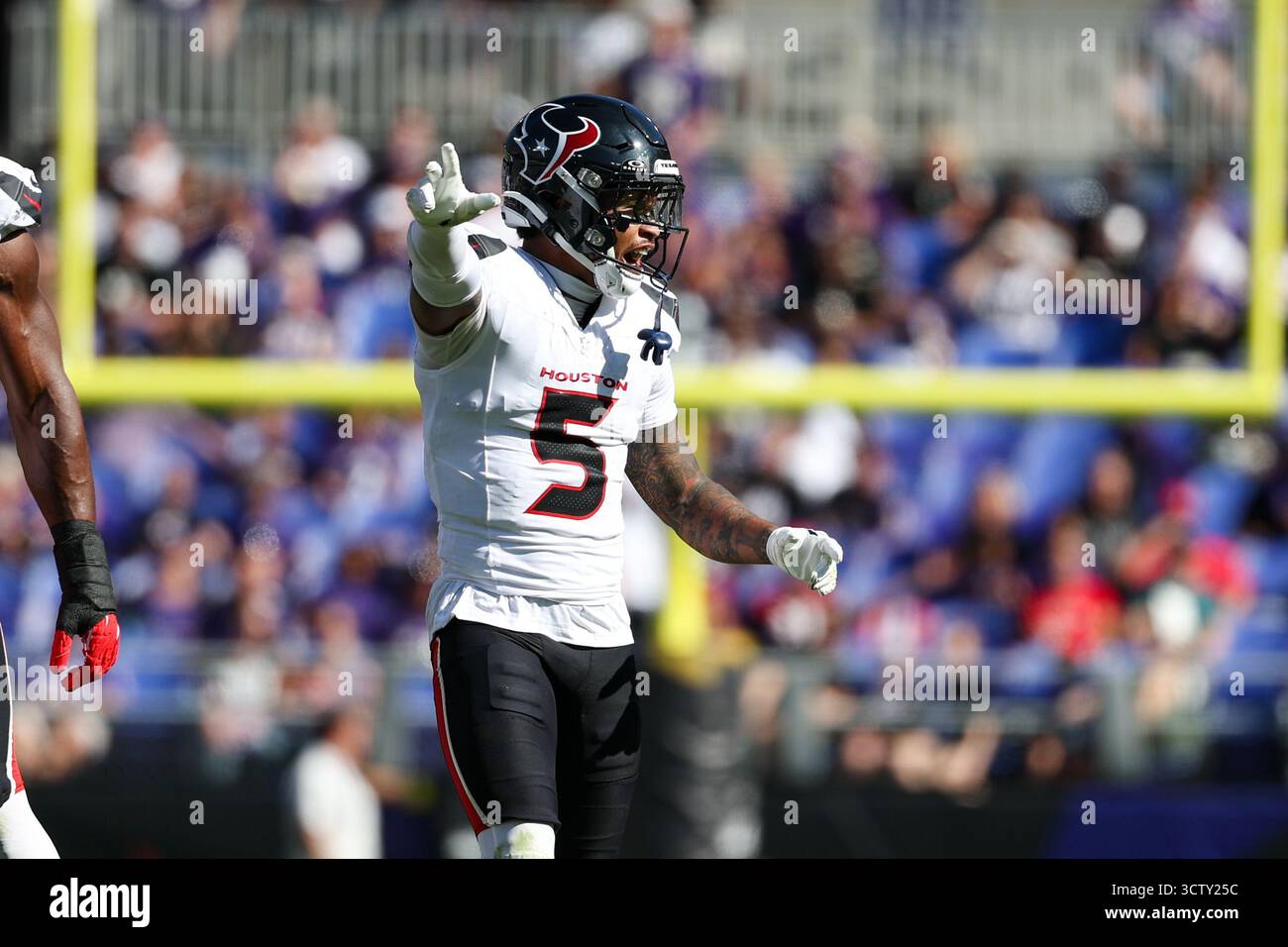 Houston Texans safety Jalen Pitre (5) gestures after a penalty against ...