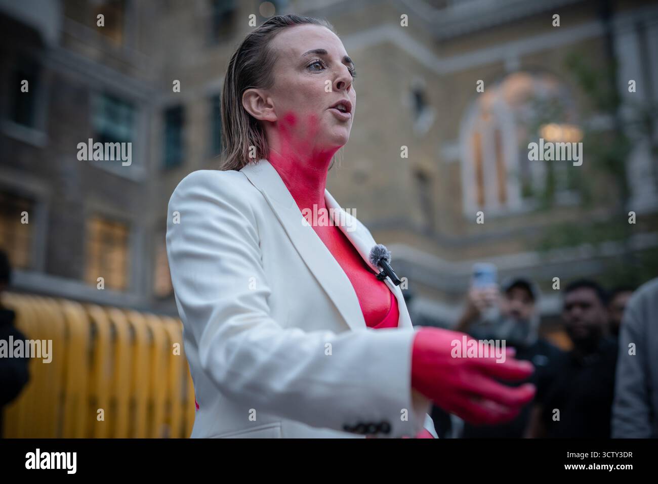 London, UK. 8th October 2025. Sarah White of the 'Pink Ladies' protest ...