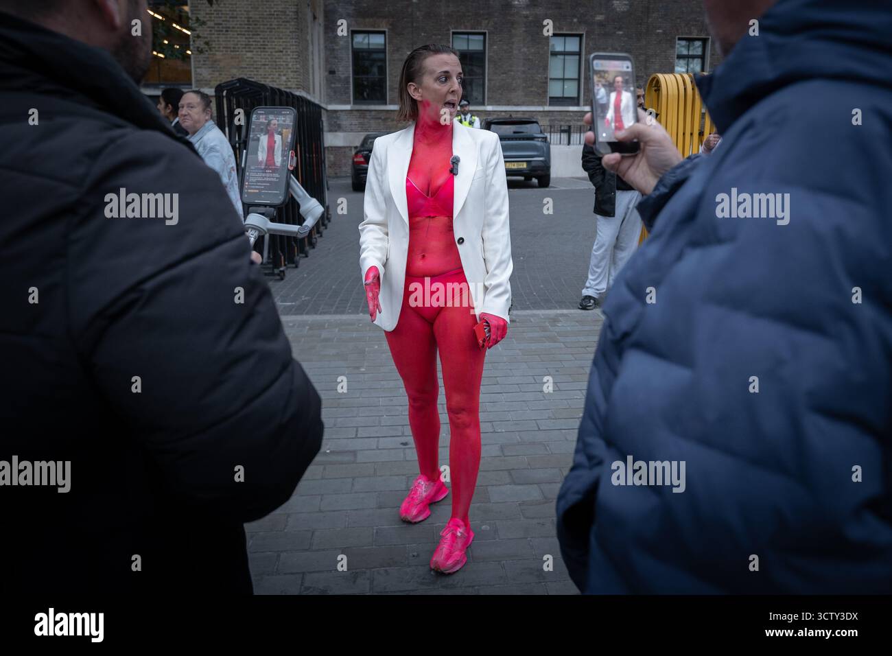 London, UK. 8th October 2025. Sarah White of the 'Pink Ladies' protest ...