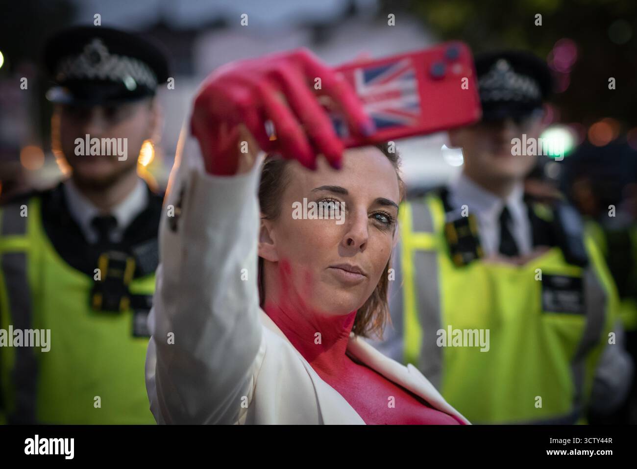London, UK. 8th October 2025. Sarah White of the 'Pink Ladies' protest ...