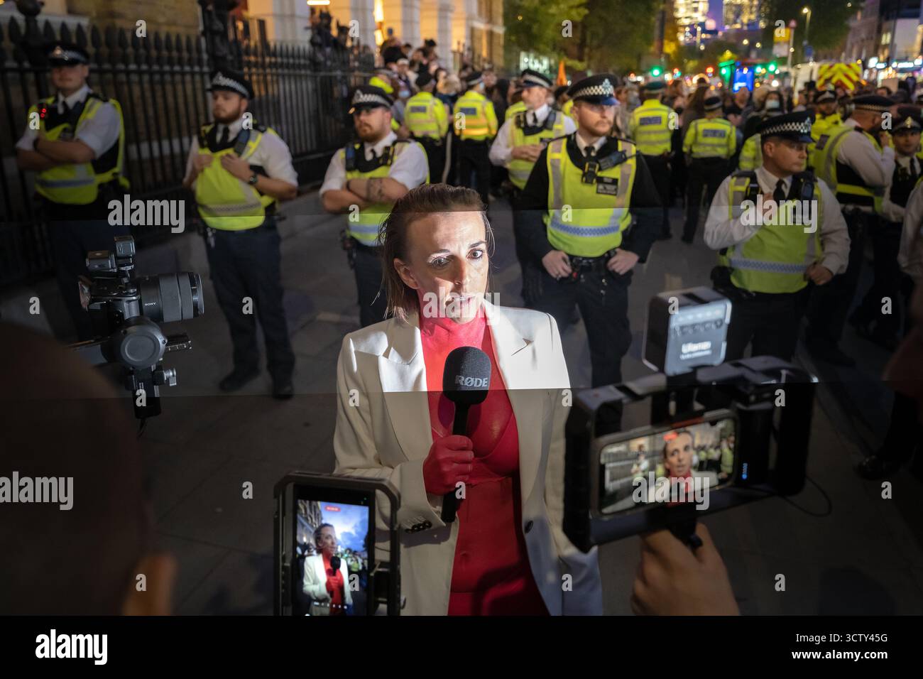 London, UK. 8th October 2025. Sarah White of the 'Pink Ladies' protest ...