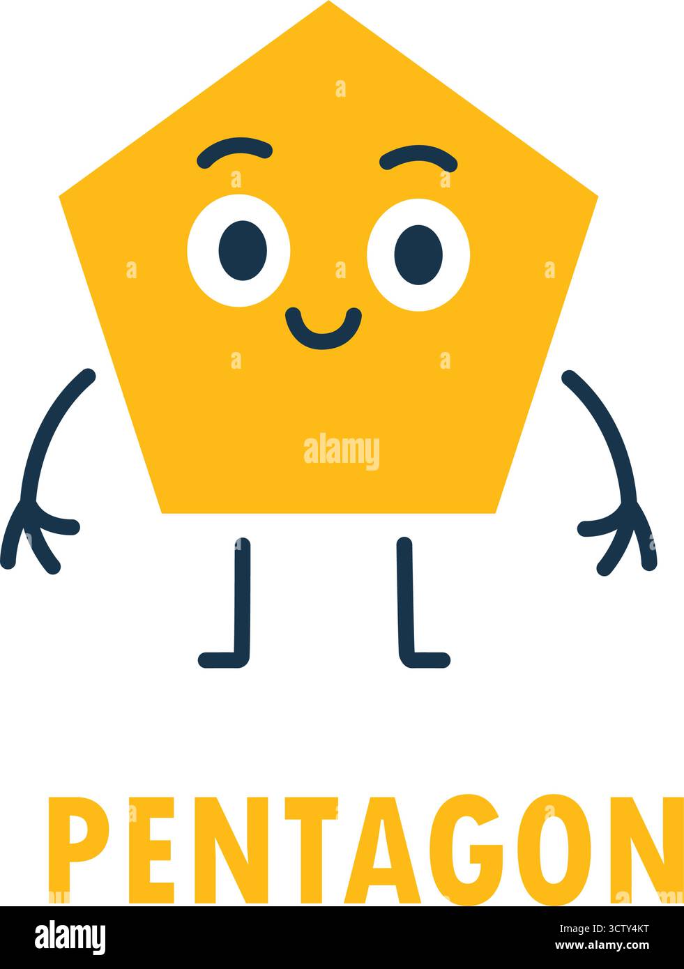 Yellow pentagon cartoon with smiling face, arms and legs. Fun geometric ...