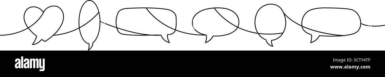 Continuous line art with six connected speech bubbles. Minimalist ...
