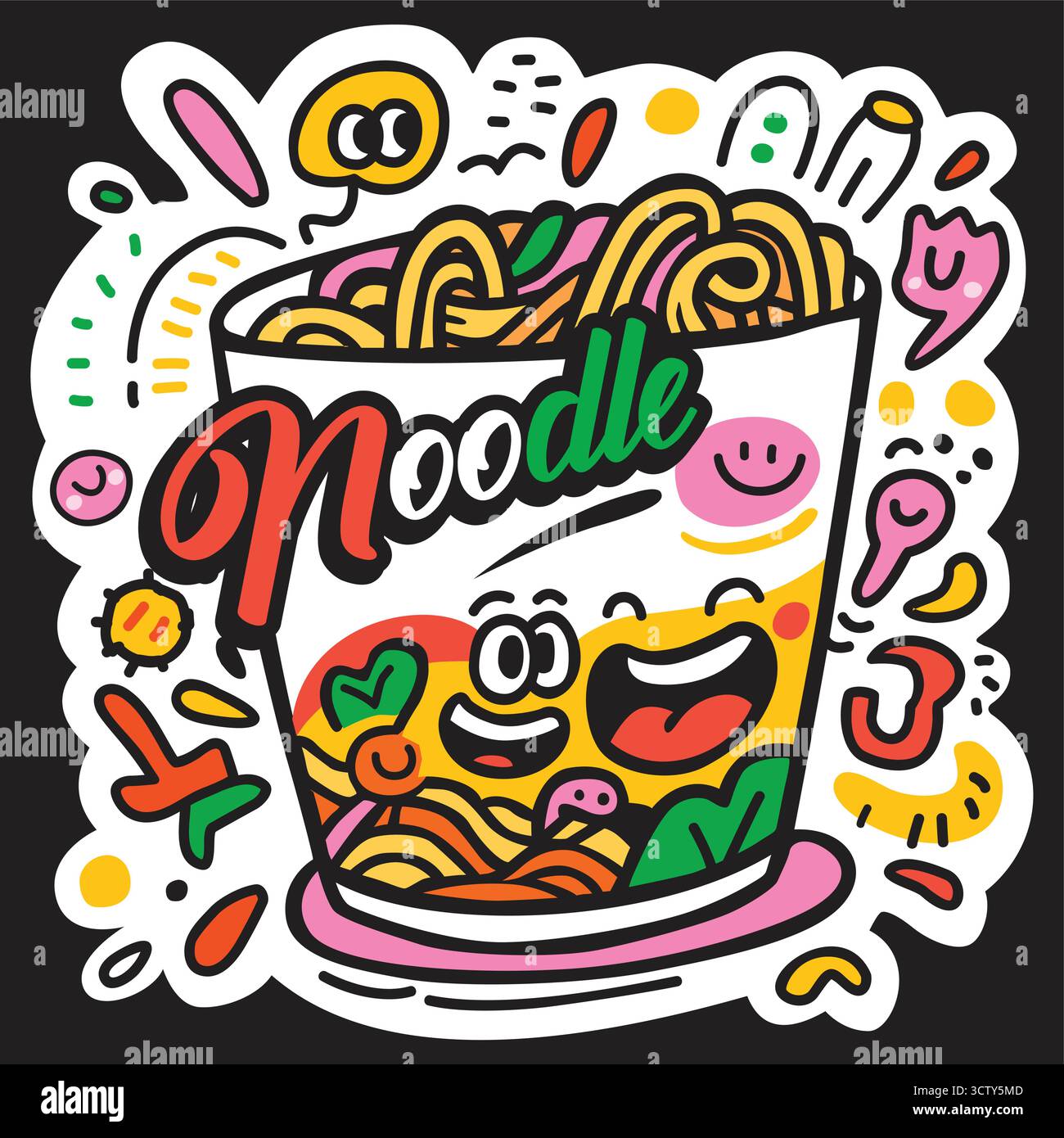 Colorful Doodle Noodle Bowl Vector, Cute Cartoon Instant Ramen ...