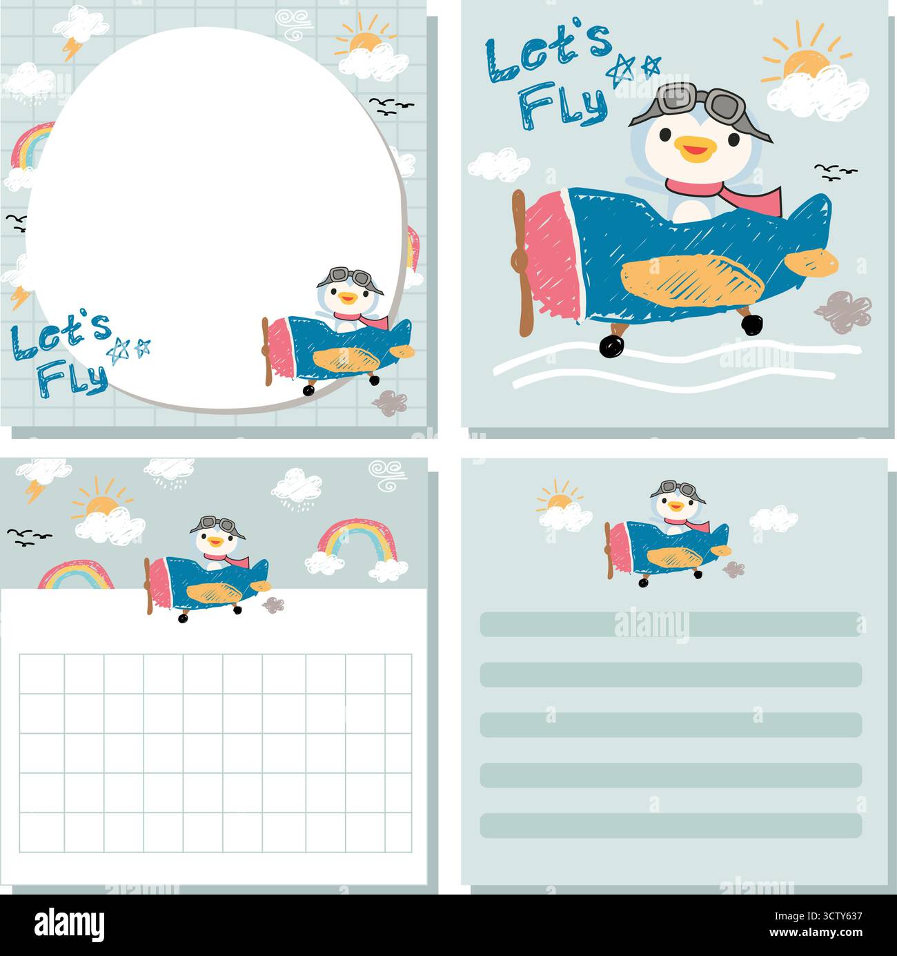 Cute penguin pilot flying an airplane and helicopter pattern seamless ...