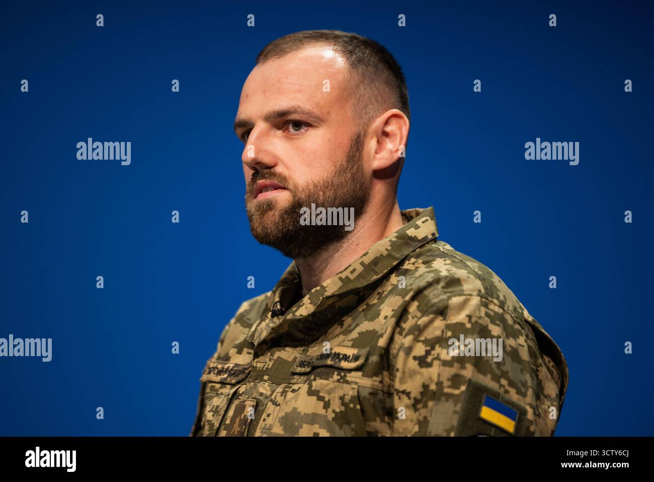 Manchester, UK. 07 OCT, 2025. Major Pavlo, Ukrainian soldier, speaks ...