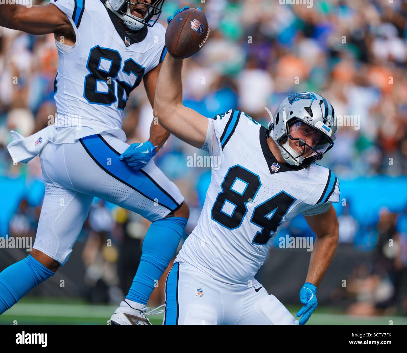 Carolina Panthers tight end Mitchell Evans (84) celebrates his ...