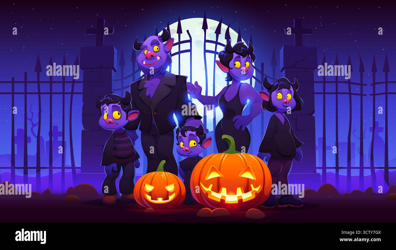 Spooky family of horned monsters at night cemetery Stock Vector Image ...