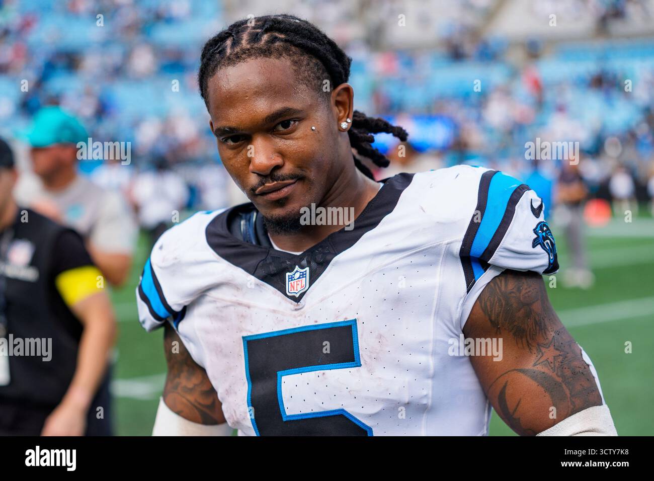 Carolina Panthers running back Rico Dowdle (5) looks on after an NFL ...