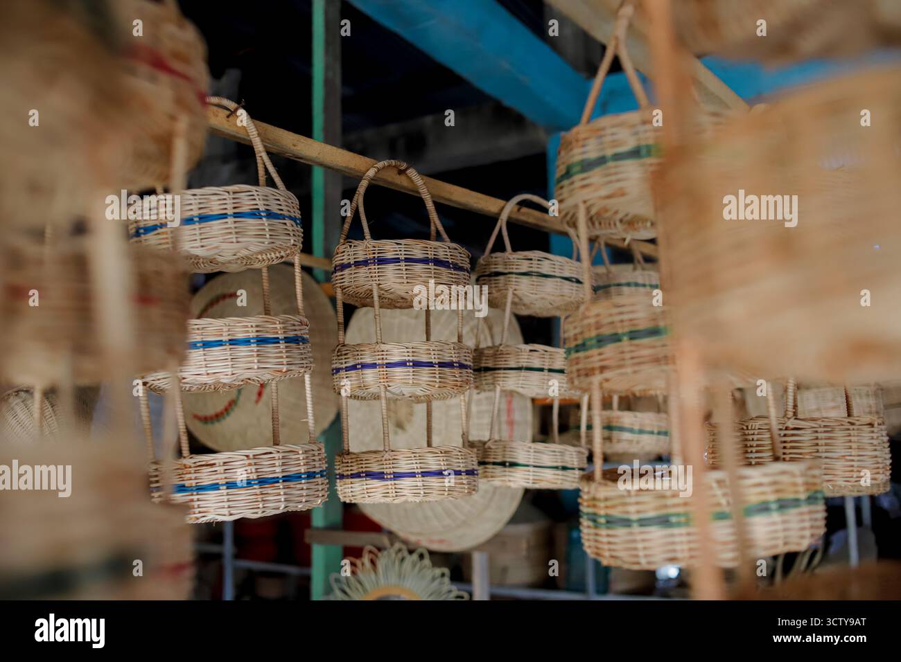 traditional market with goods made from rattan, bamboo and palm leaves ...