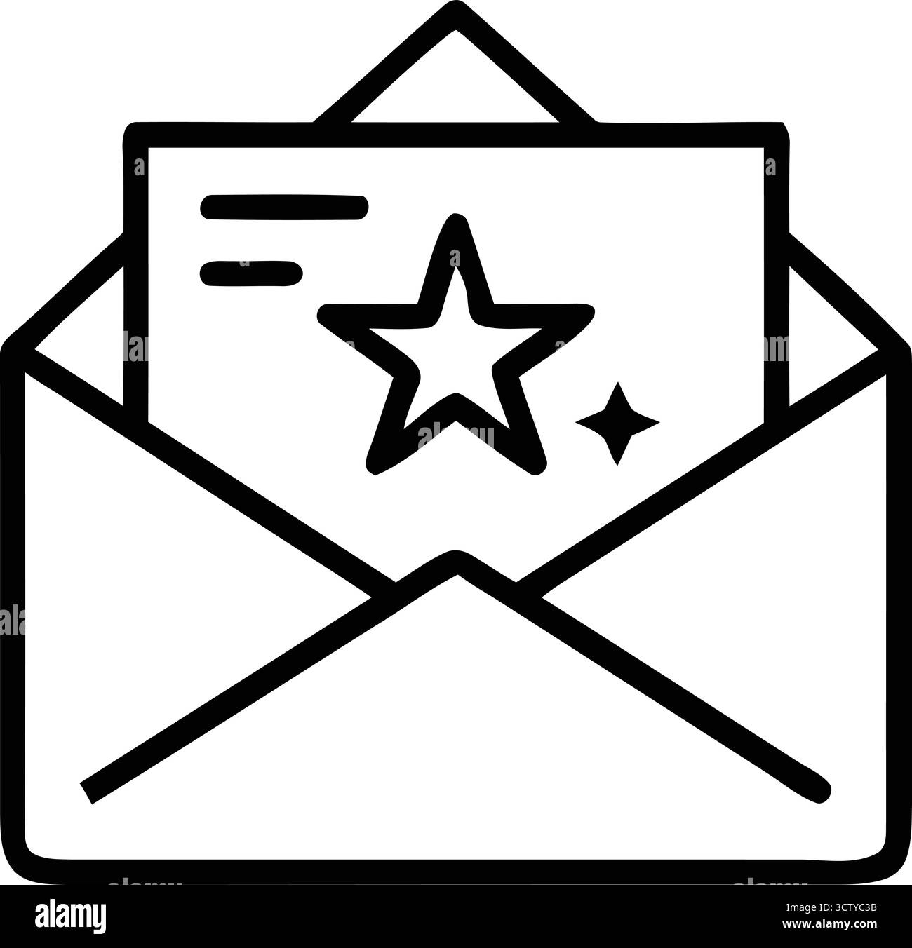 An outline illustration of an open envelope revealing a letter with a ...