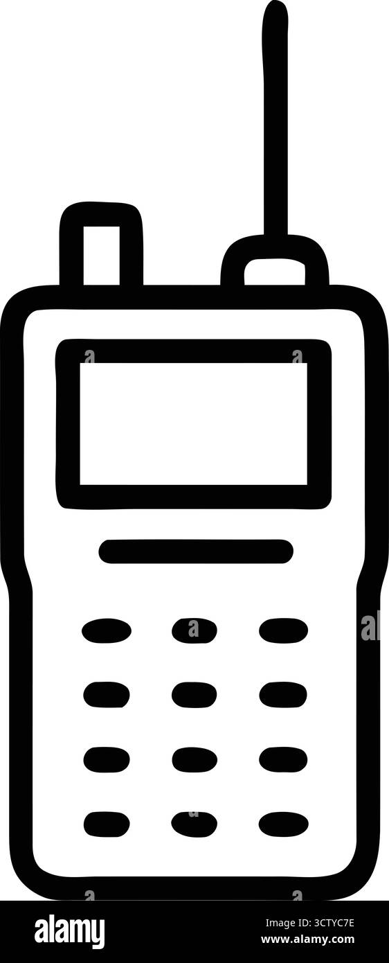 A simple black and white line drawing of a portable two-way radio ...