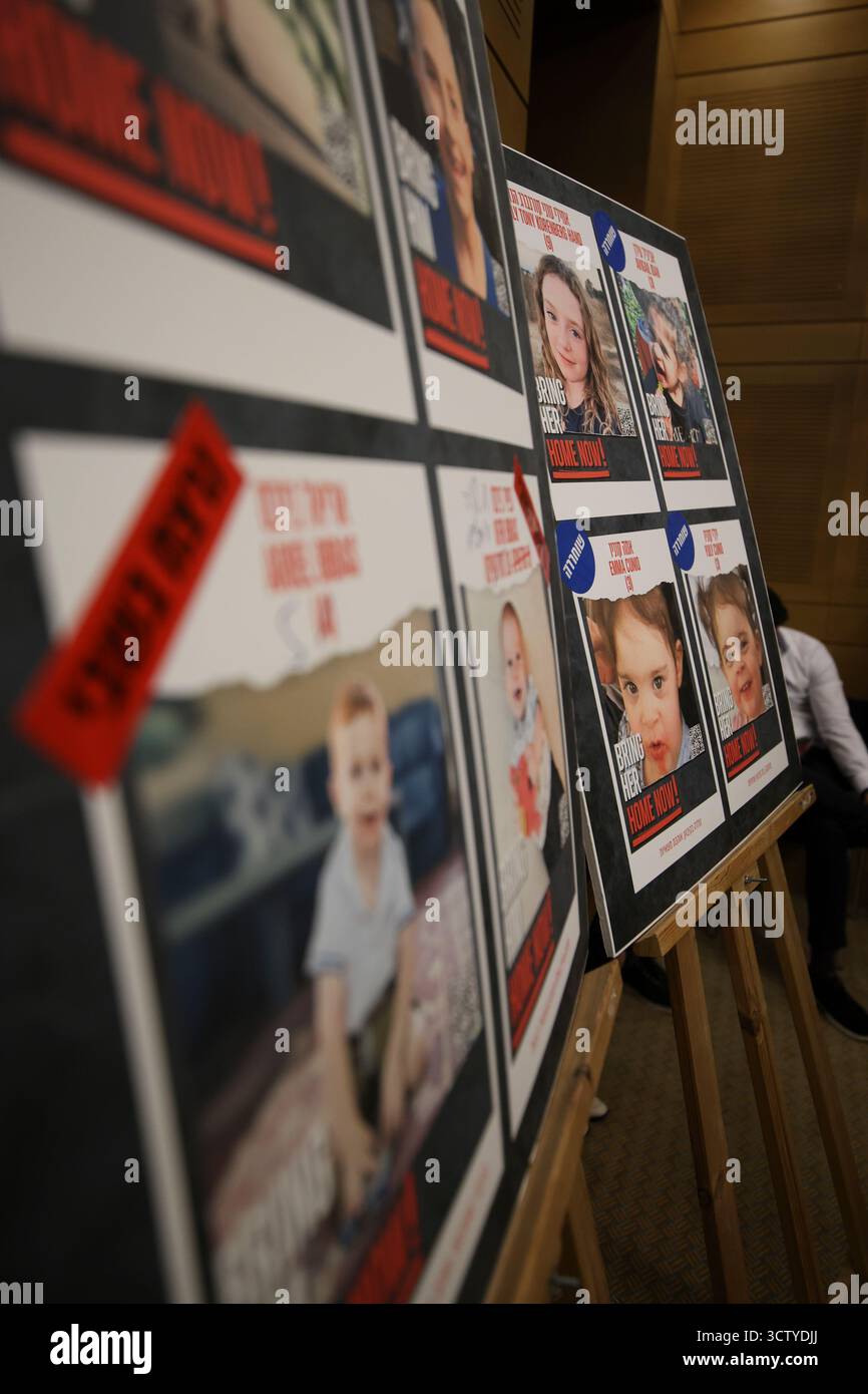 Hostage posters are seen at the Knesset in Jerusalem on March 10, 2025 ...
