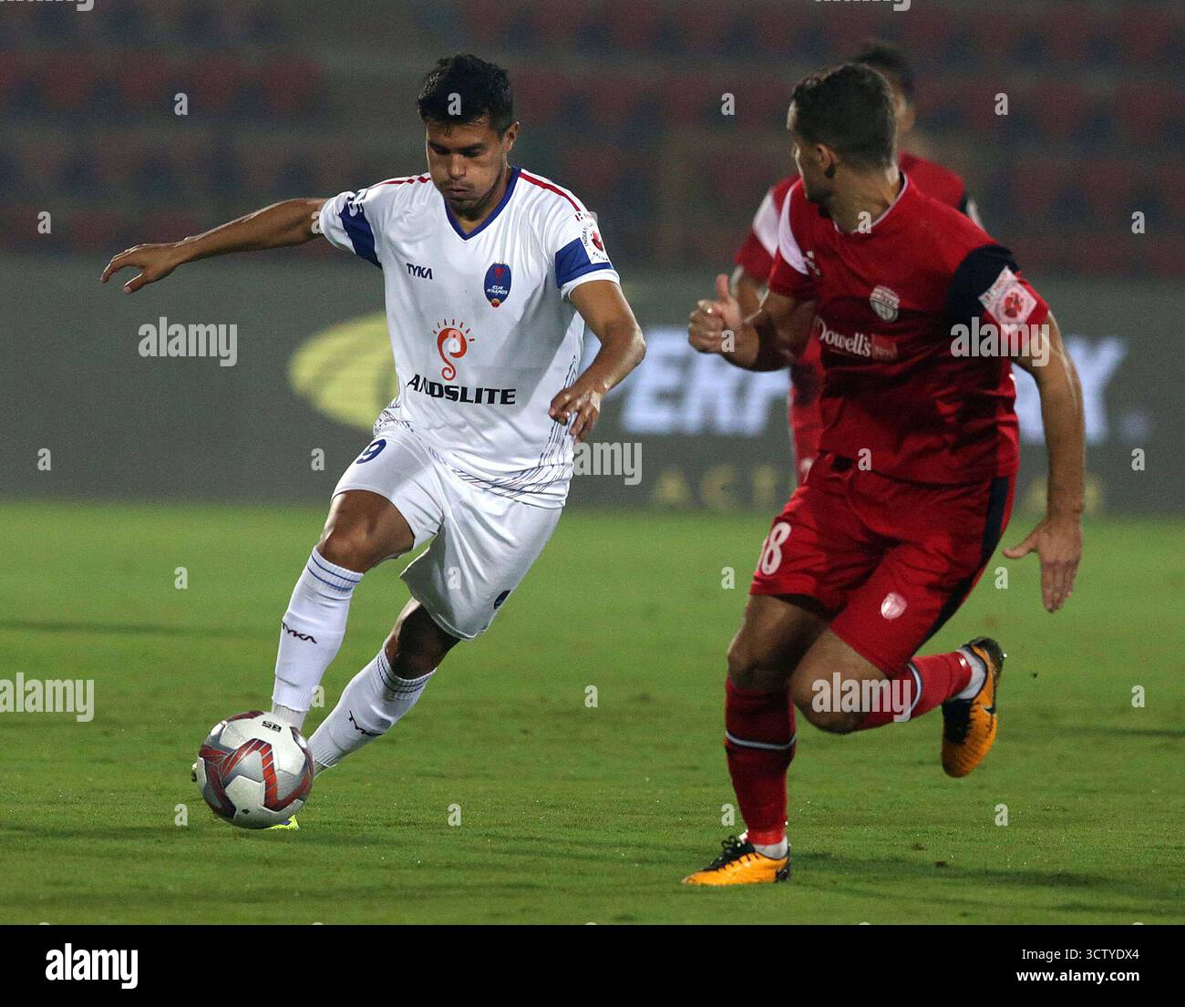 FILE - Mato Grgic of North East United FC, right, and Ulises Davila of ...