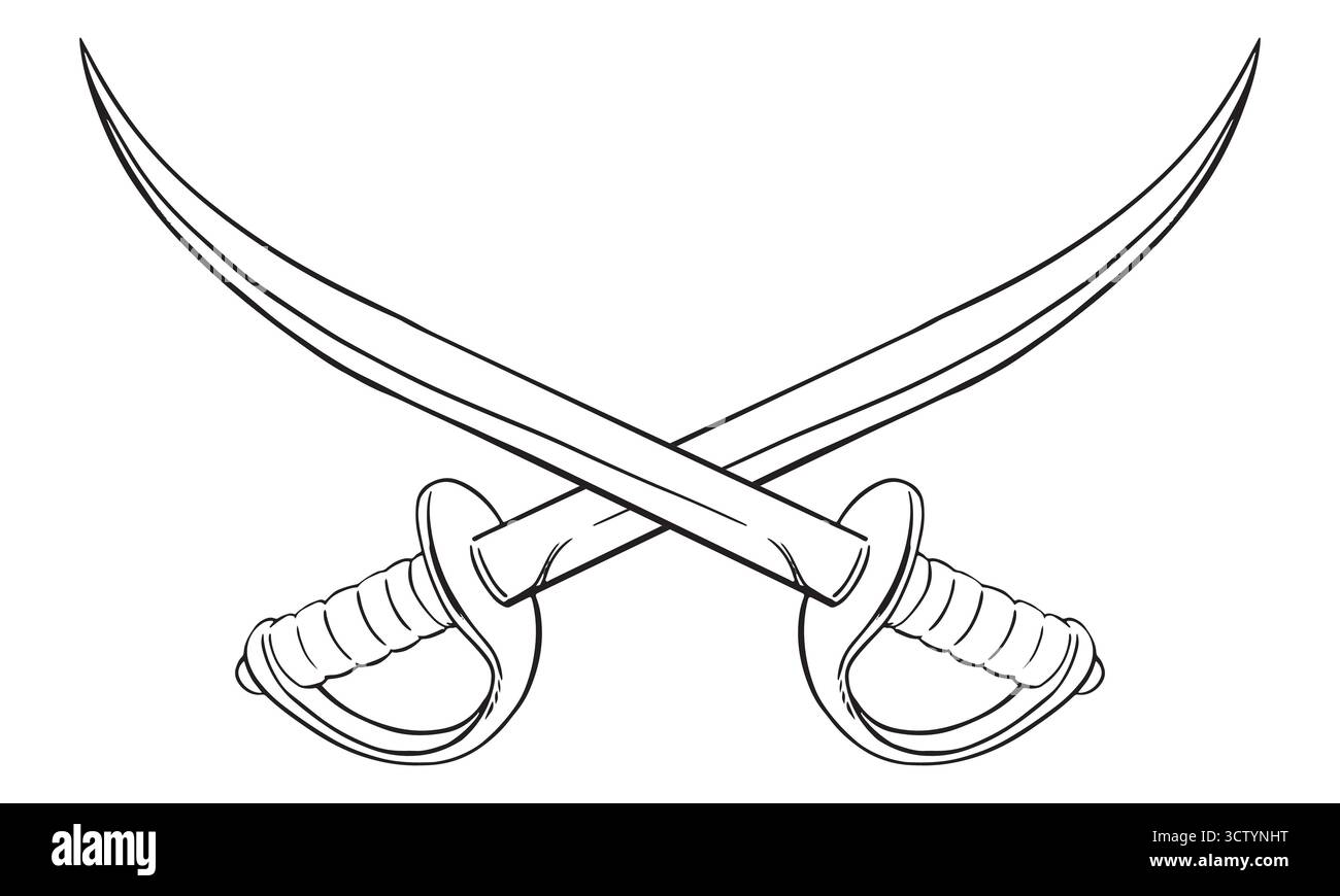 Two crossed curved arabian sword. Cold steel weapon. Vector sketch of ...